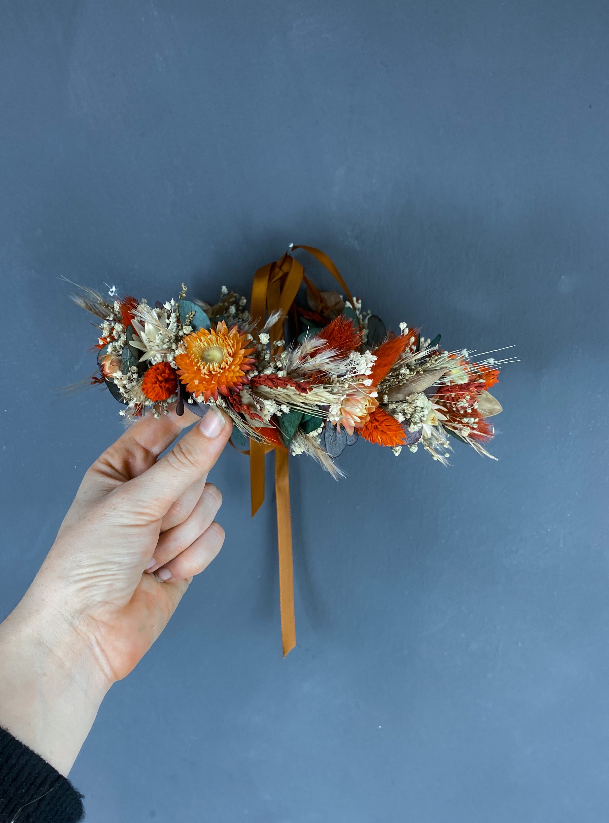Mara dried flower crown green and orange / DRIED Wedding Flowers UK ...